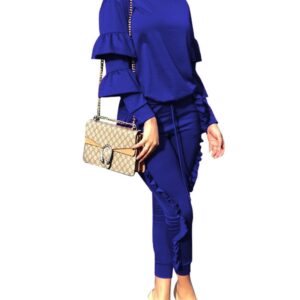 Akmipoem Women Sweatshirt Ruffle Sleeve Pullover Tops and Long Jogger Pants Royal Blue XL