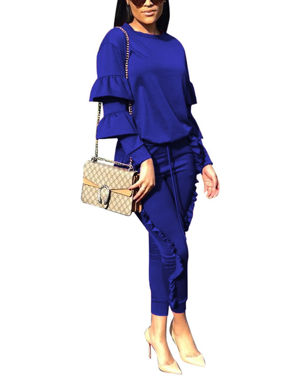 Akmipoem Women Sweatshirt Ruffle Sleeve Pullover Tops and Long Jogger Pants Royal Blue XL