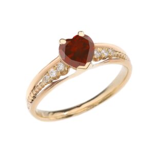 dazzling 14k yellow gold diamond and garnet birthstone heart beaded promise ring (size 7)