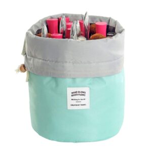 euow travel cosmetic bags barrel makeup bag,women&girls portable foldable cases, multifunctional toiletry bucket bags round organizer storage pocket soft collapsible(lightblue)