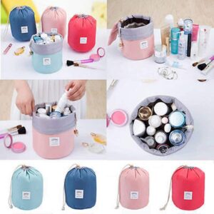 EUOW Travel Cosmetic Bags Barrel Makeup Bag,Women&Girls Portable Foldable Cases, Multifunctional Toiletry Bucket Bags Round Organizer Storage Pocket Soft Collapsible(Lightblue)