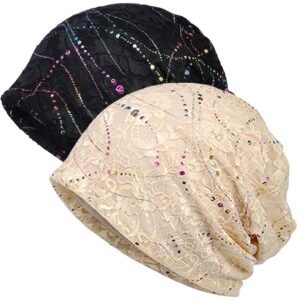 womens cotton beanie lace turban soft sleep cap chemo hats fashion slouchy hat (2pack black+beige lace)