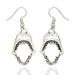 rechicgu vintage silver shark hinged moveable tooth jaws skull hell demon mouth dangle earrings fancy dress