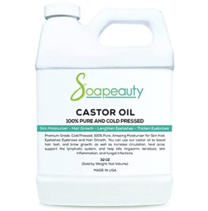 soapeauty cold pressed castor oil | hexane free 100% pure natural castor oil promotes healthy skin & hair | thickens eyebrows & lengthens eyelashes | 32 fl oz