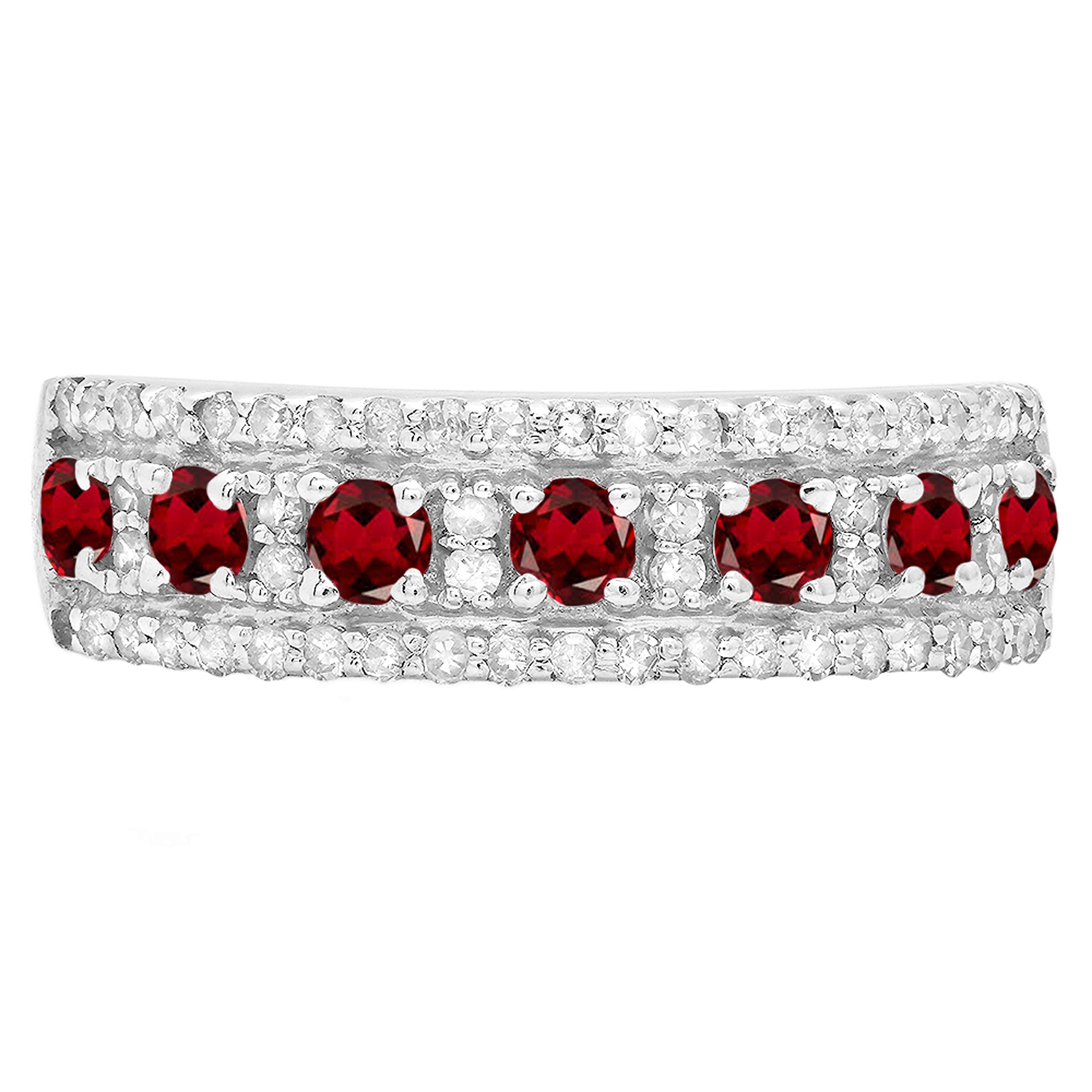 Dazzlingrock Collection Round Garnet & White Diamond 7 Stone Anniversary Wedding Band for Women in 14K White Gold, Size 8