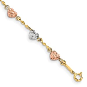 diamond2deal solid 14k tri-color gold puff heart 7" bracelet for women