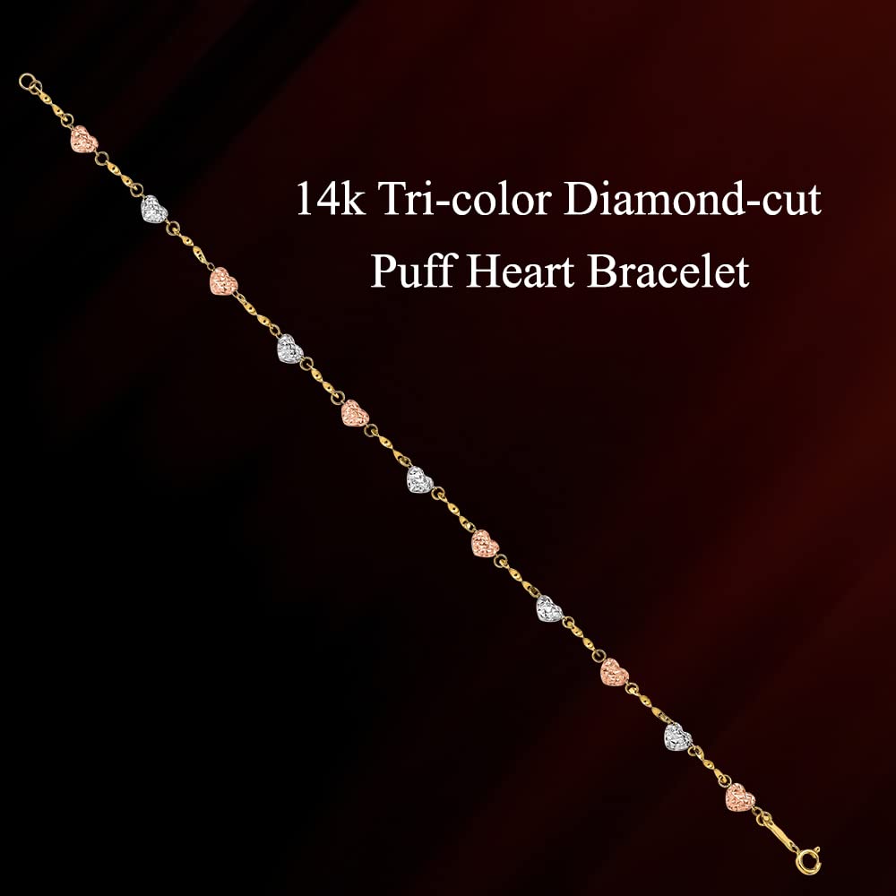 Diamond2Deal Solid 14k Tri-Color Gold Puff Heart 7" Bracelet for Women