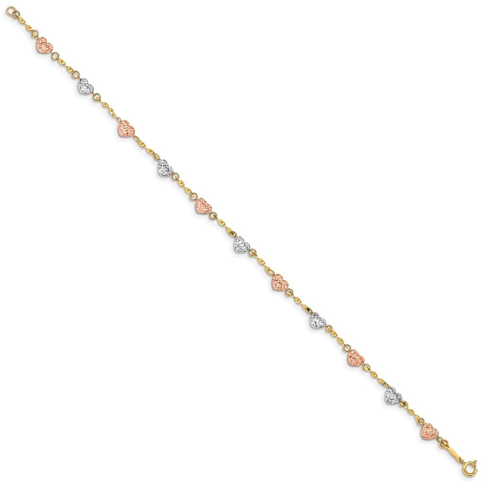 Diamond2Deal Solid 14k Tri-Color Gold Puff Heart 7" Bracelet for Women