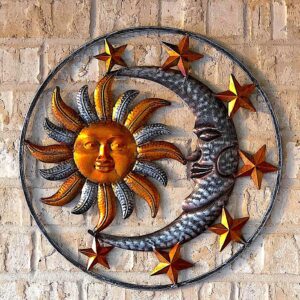 Large Metal Sun Moon Star Wall Art Sculpture Decor for Indoor Outdoor (17" Diameter)