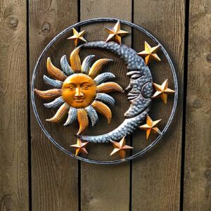 Large Metal Sun Moon Star Wall Art Sculpture Decor for Indoor Outdoor (17" Diameter)