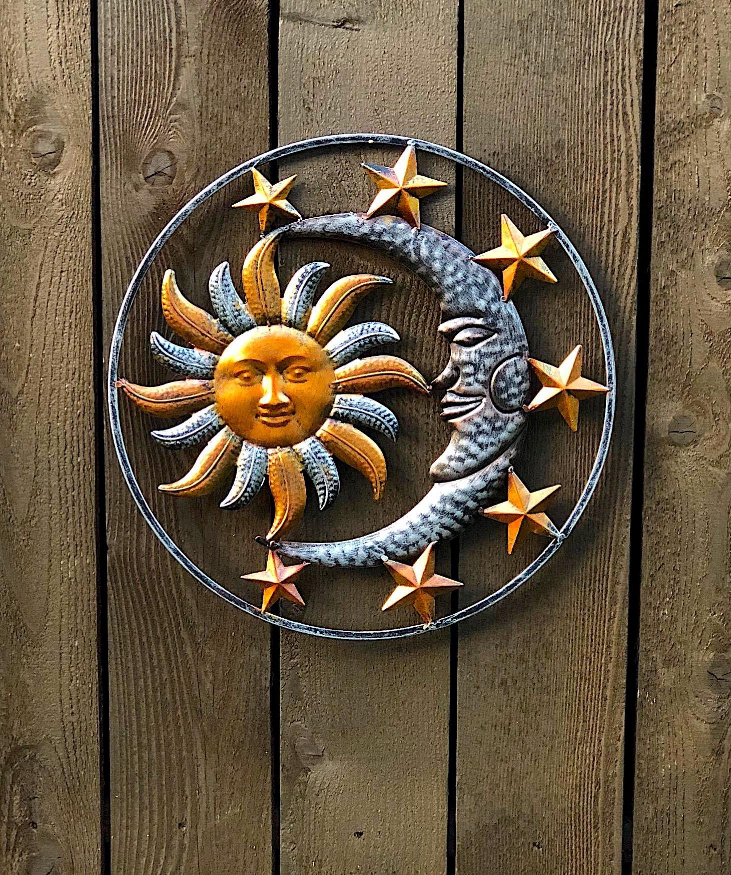 Large Metal Sun Moon Star Wall Art Sculpture Decor for Indoor Outdoor (17" Diameter)