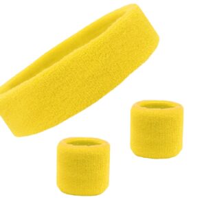 Sweatband Set Cotton Sports Headband Terry Cloth Wristband Moisture Wicking Sweat Absorbing Head Band Athletic Exercise Basketball Wrist Sweatbands and Headbands by Kenz Laurenz (Yellow)