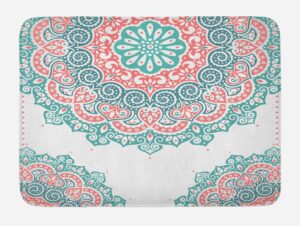 ambesonne oriental bath mat, soft colored mandala south culture inspired floral image, plush bathroom decor mat with non slip backing, 30.2" x 20", turquoise coral teal