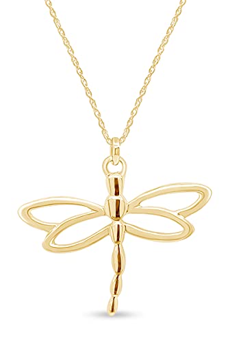 Wishrocks Dragonfly Insect Charm Pendant Necklace Jewelry for Women in 14k Yellow Gold Over Sterling Silver Along with 18" Silver Chain