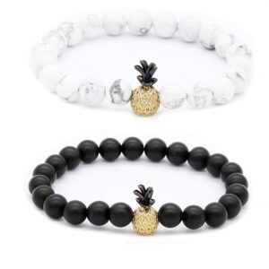 poshfeel cz pineapple bracelet 8mm black agate & white howlite stone beads couple bracelets, 7.6"+7.2"