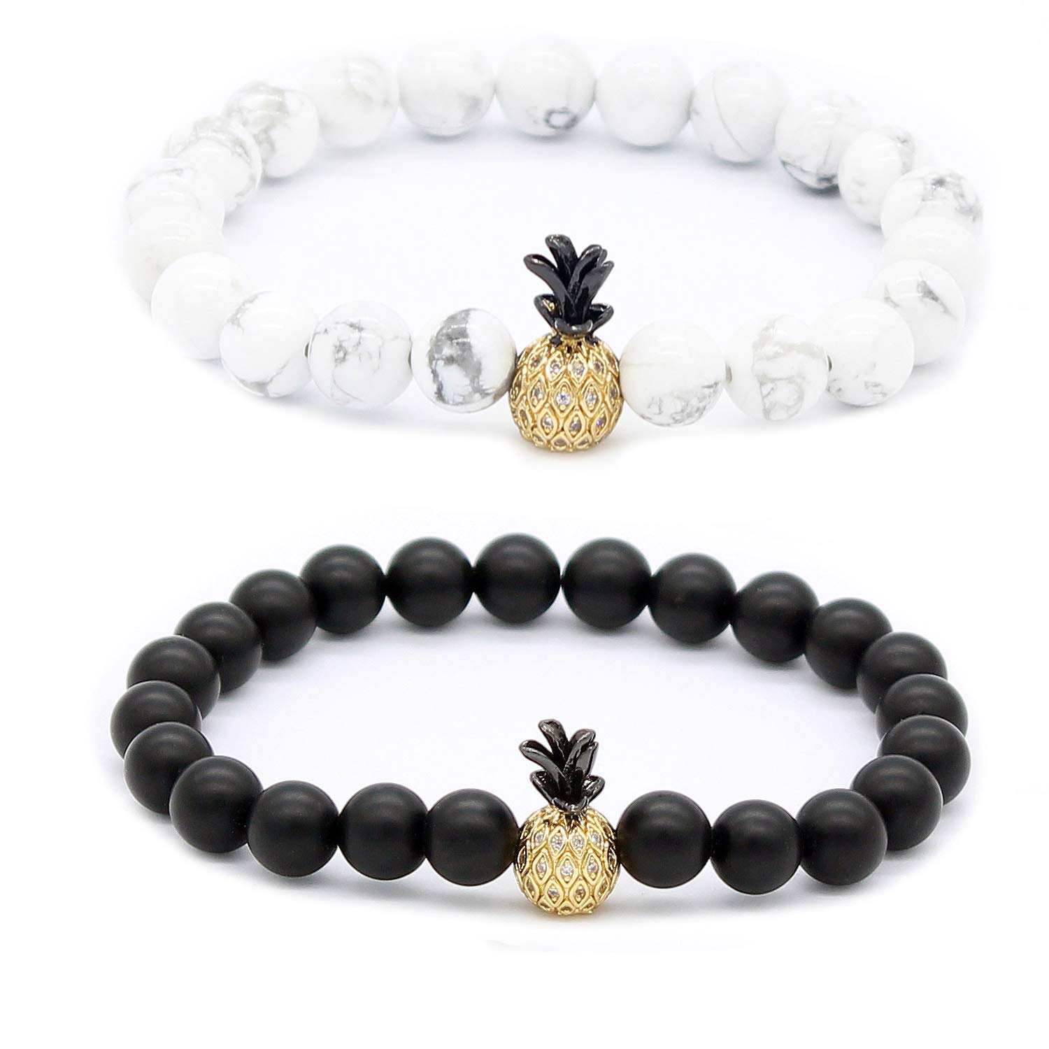 POSHFEEL CZ Pineapple Bracelet 8mm Black Agate & White Howlite Stone Beads Couple Bracelets, 7.6"+7.2"