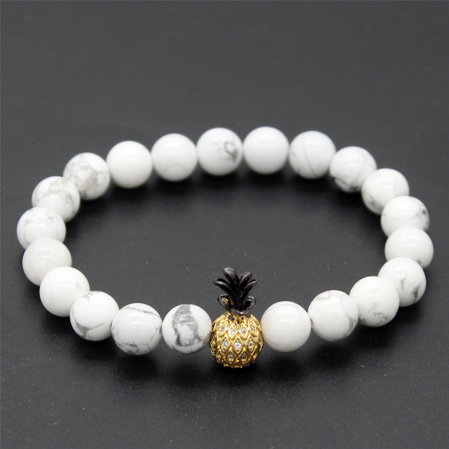 POSHFEEL CZ Pineapple Bracelet 8mm Black Agate & White Howlite Stone Beads Couple Bracelets, 7.6"+7.2"