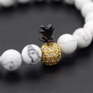 POSHFEEL CZ Pineapple Bracelet 8mm Black Agate & White Howlite Stone Beads Couple Bracelets, 7.6"+7.2"