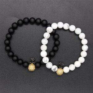 POSHFEEL CZ Pineapple Bracelet 8mm Black Agate & White Howlite Stone Beads Couple Bracelets, 7.6"+7.2"