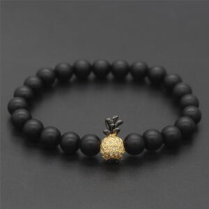 POSHFEEL CZ Pineapple Bracelet 8mm Black Agate & White Howlite Stone Beads Couple Bracelets, 7.6"+7.2"