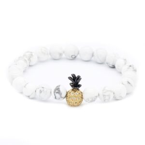 POSHFEEL CZ Pineapple Bracelet 8mm Black Agate & White Howlite Stone Beads Couple Bracelets, 7.6"+7.2"