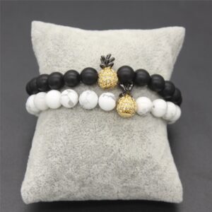 POSHFEEL CZ Pineapple Bracelet 8mm Black Agate & White Howlite Stone Beads Couple Bracelets, 7.6"+7.2"