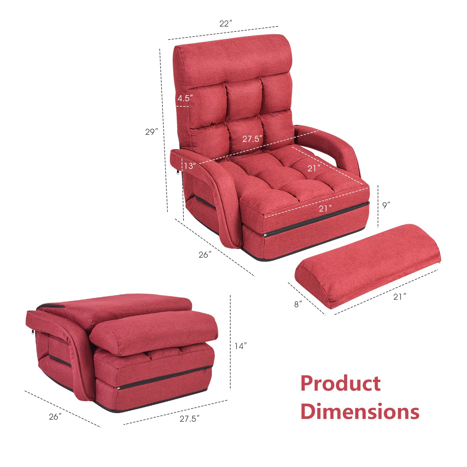 Giantex Folding Lazy Sofa Floor Chair, Indoor Chaise Lounger Bed with 6 Adjustable Position, Pillow, Living Room Lounge Couch(Red)