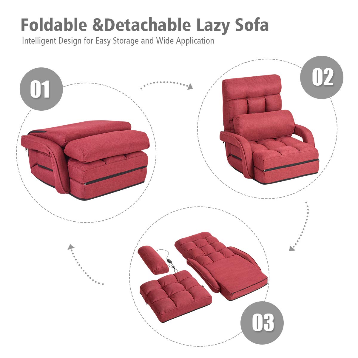 Giantex Folding Lazy Sofa Floor Chair, Indoor Chaise Lounger Bed with 6 Adjustable Position, Pillow, Living Room Lounge Couch(Red)