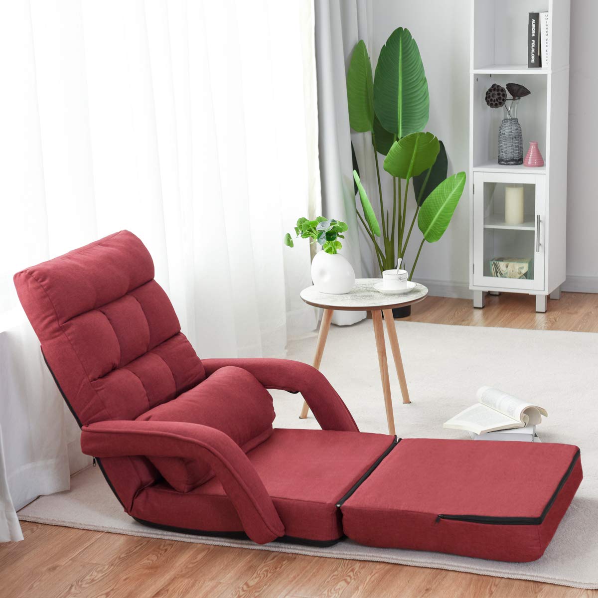 Giantex Folding Lazy Sofa Floor Chair, Indoor Chaise Lounger Bed with 6 Adjustable Position, Pillow, Living Room Lounge Couch(Red)