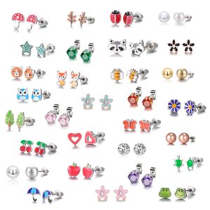 30 pairs stainless steel mixed color cute animals fox heart star ladybug bee frog mushroom tree daisy umbrella rose gold white pearl cz jewelry stud earrings set (animal tree pearl)