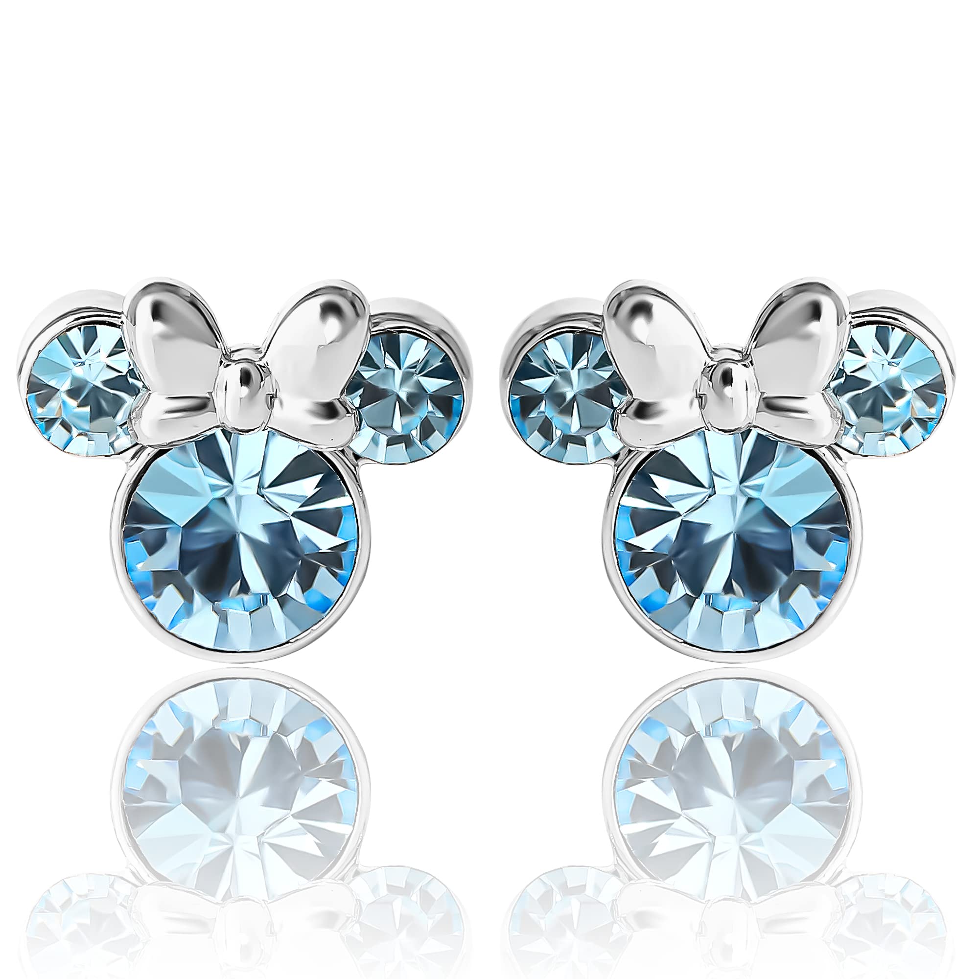 Disney Womens Minnie Mouse March Birthstone Stud Earrings - Minnie Mouse Earrings - Disney Jewelry (March-Aquamarine Crystal)