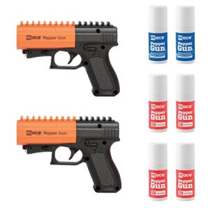 mace brand self defense bundle, includes 2 pepper spray 2.0 guns and 6 refill canisters, accurate 20’ powerful pepper spray that leaves uv dye on skin, integrated led light enhances aim, black