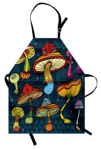 lunarable mushroom apron, mushrooms ornate doodles swirls eyes psychedelic botany and growth, unisex kitchen bib with adjustable neck for cooking gardening, adult size, dark teal