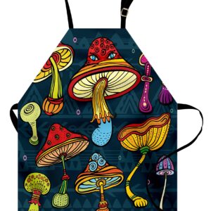 Lunarable Mushroom Apron, Mushrooms Ornate Doodles Swirls Eyes Psychedelic Botany and Growth, Unisex Kitchen Bib with Adjustable Neck for Cooking Gardening, Adult Size, Dark Teal