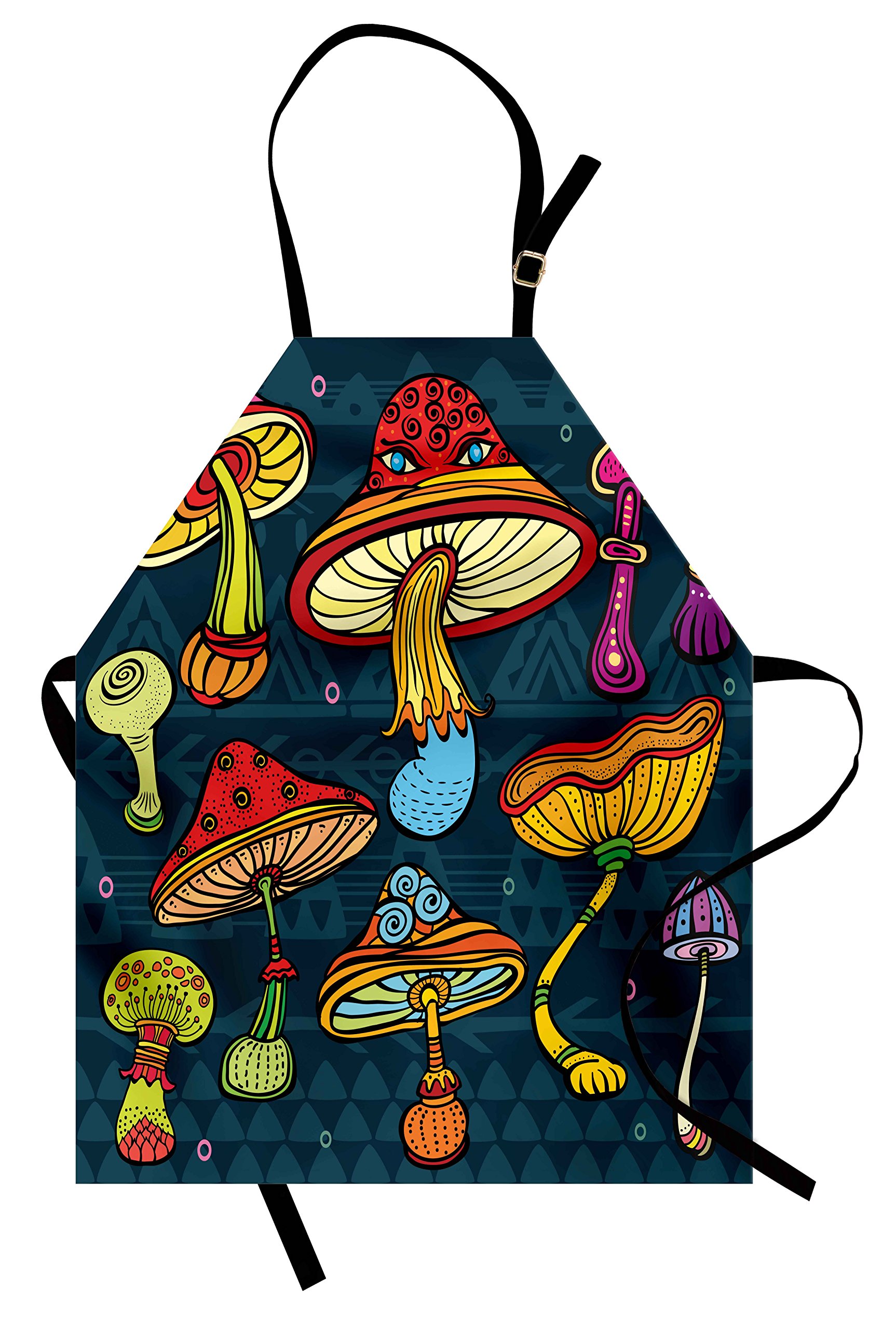 Lunarable Mushroom Apron, Mushrooms Ornate Doodles Swirls Eyes Psychedelic Botany and Growth, Unisex Kitchen Bib with Adjustable Neck for Cooking Gardening, Adult Size, Dark Teal