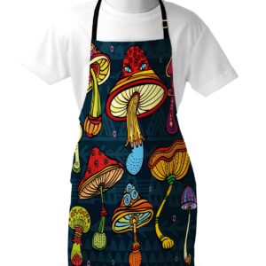 Lunarable Mushroom Apron, Mushrooms Ornate Doodles Swirls Eyes Psychedelic Botany and Growth, Unisex Kitchen Bib with Adjustable Neck for Cooking Gardening, Adult Size, Dark Teal