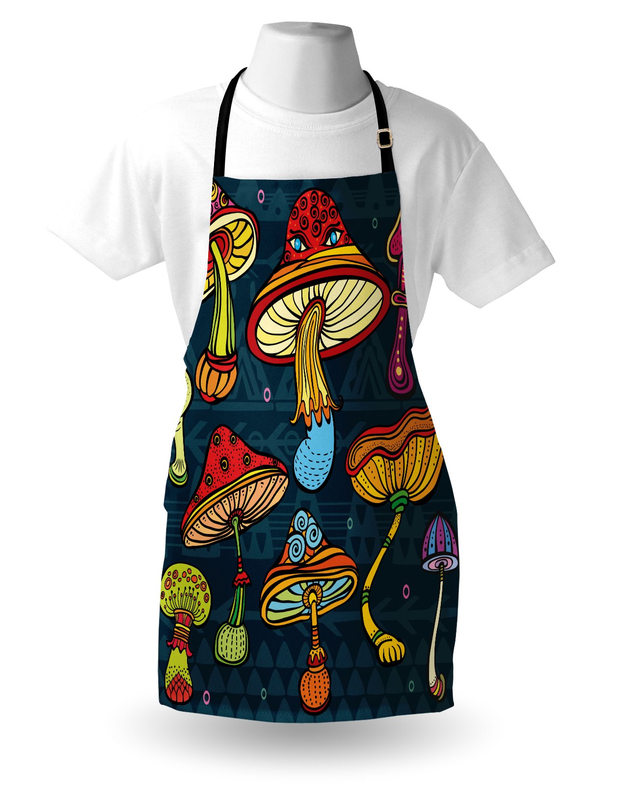 Lunarable Mushroom Apron, Mushrooms Ornate Doodles Swirls Eyes Psychedelic Botany and Growth, Unisex Kitchen Bib with Adjustable Neck for Cooking Gardening, Adult Size, Dark Teal