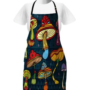 Lunarable Mushroom Apron, Mushrooms Ornate Doodles Swirls Eyes Psychedelic Botany and Growth, Unisex Kitchen Bib with Adjustable Neck for Cooking Gardening, Adult Size, Dark Teal