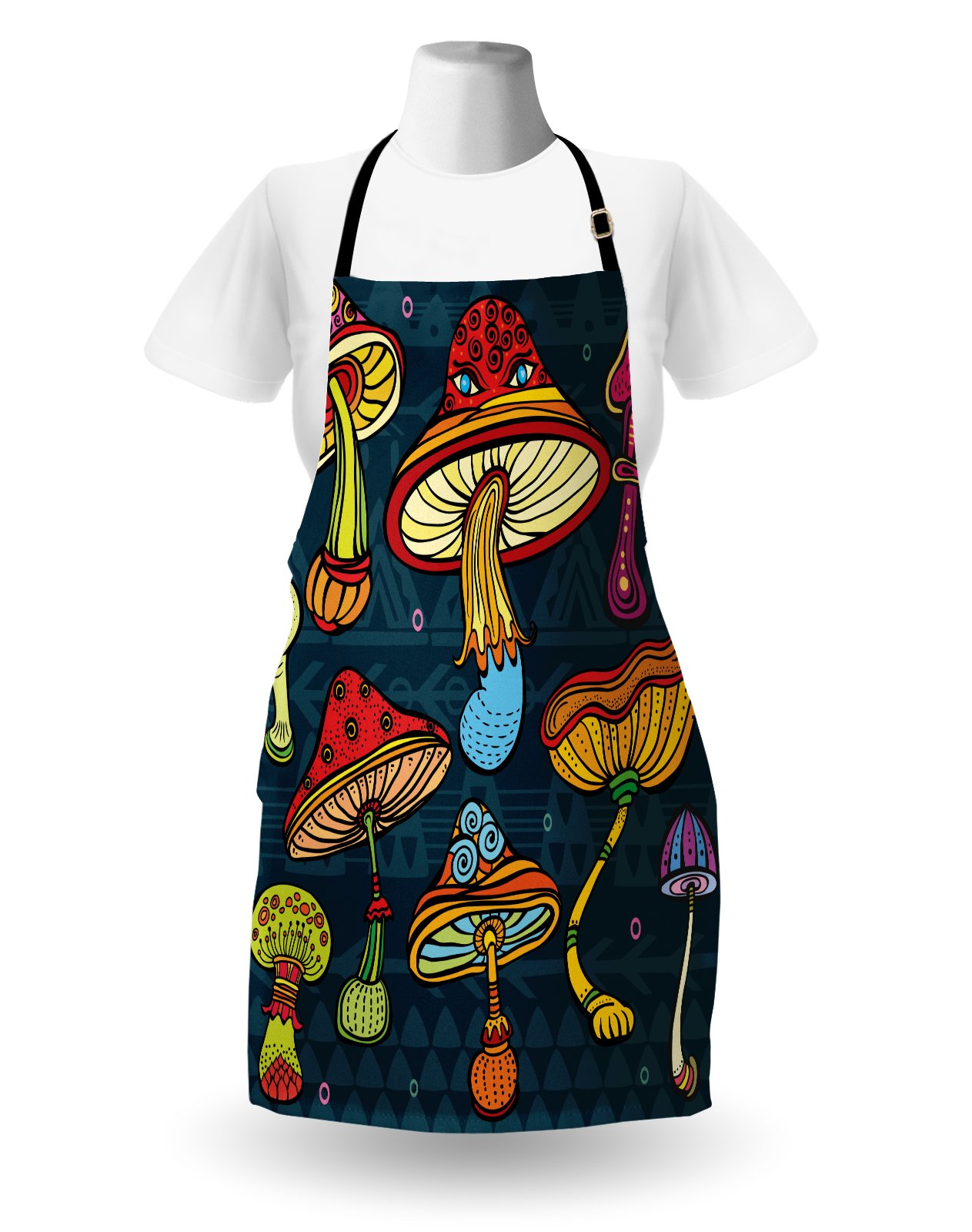 Lunarable Mushroom Apron, Mushrooms Ornate Doodles Swirls Eyes Psychedelic Botany and Growth, Unisex Kitchen Bib with Adjustable Neck for Cooking Gardening, Adult Size, Dark Teal