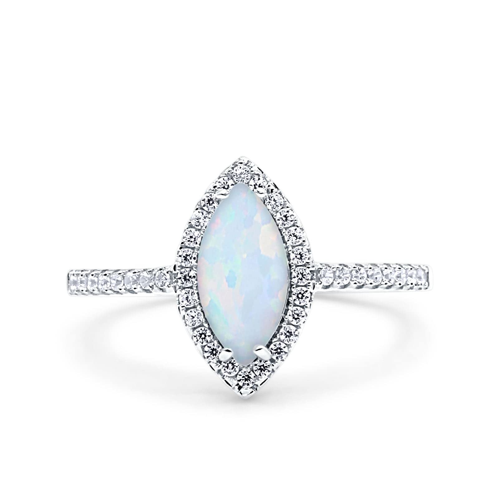 Blue Apple Co. Lab Created White Opal Size-8 Fashion Halo Engagement Ring Marquise Round CZ 925 Sterling Silver