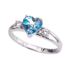 modern contemporary rings 10k white gold heart shape icy blue cubic zirconia & white topaz split shank three stone promise ring - size 10