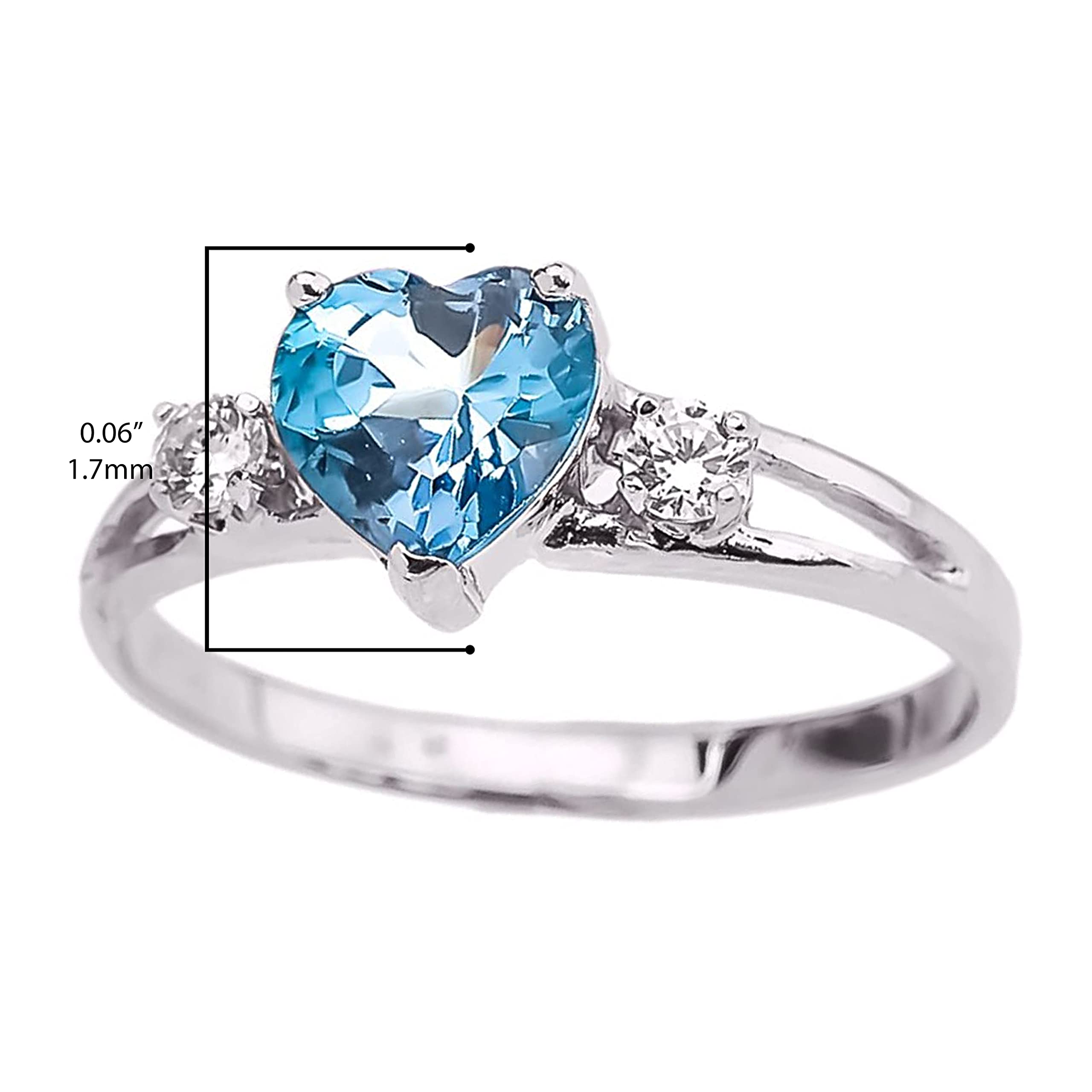 Modern Contemporary Rings 10k White Gold Heart Shape Icy Blue Cubic Zirconia & White Topaz Split Shank Three Stone Promise Ring - Size 10