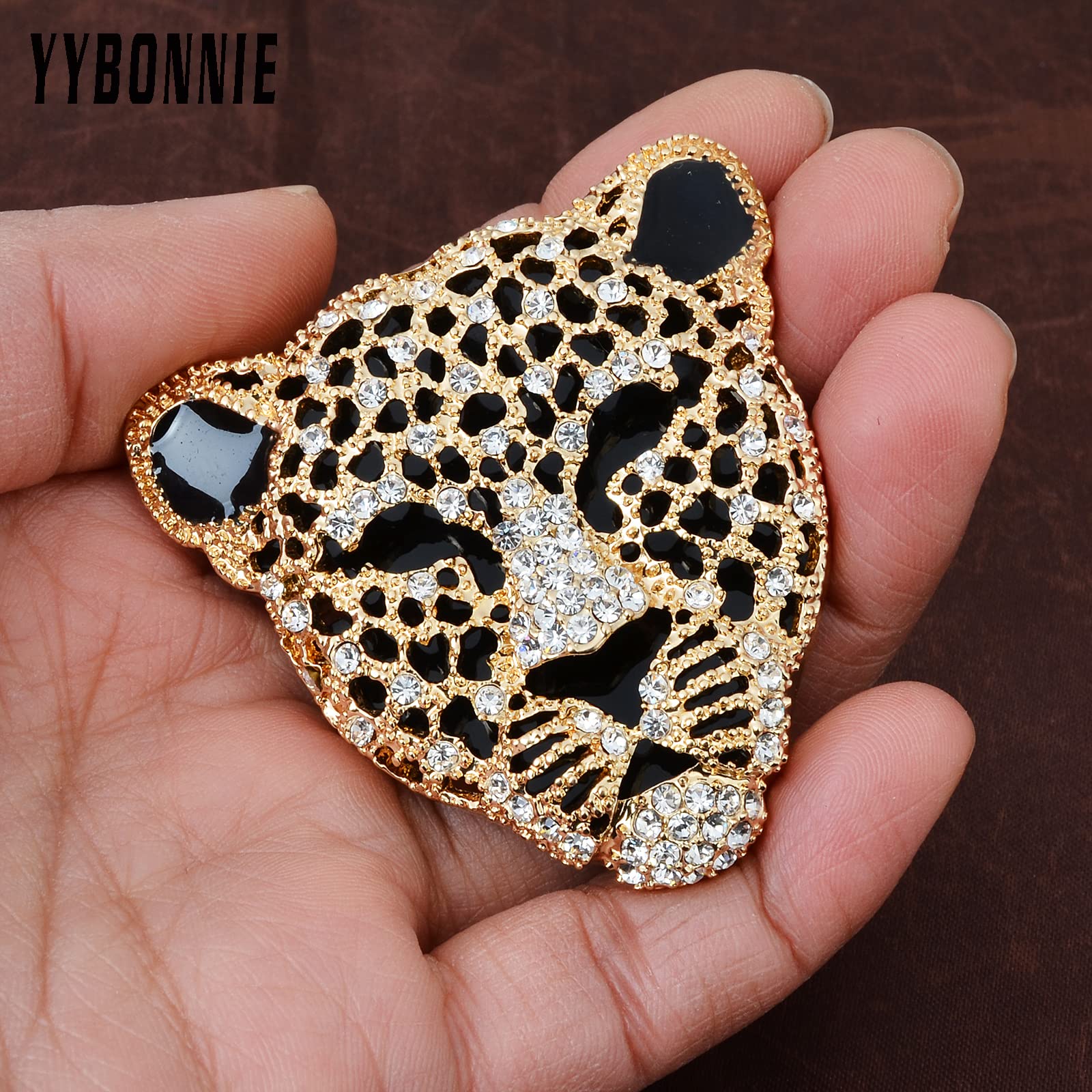 YYBONNIE Vintage Black Enamel Spotted Leopard Head Rhinestone Crystal Animal Brooch Pin Lapel Pin Badge (Gold)