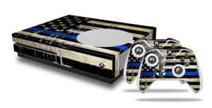 wraptorskinz decal vinyl skin wrap compatible with xbox one s console and controllers - painted faded cracked blue line stripe usa american flag