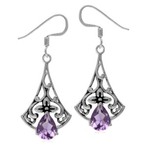 silvershake 2.14ct. natural amethyst 925 sterling silver flower vintage inspired drop dangle hook earrings