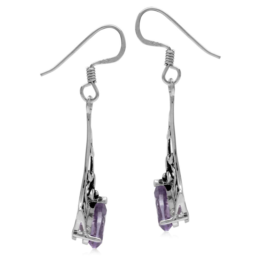 Silvershake 2.14ct. Natural Amethyst 925 Sterling Silver Flower Vintage Inspired Drop Dangle Hook Earrings