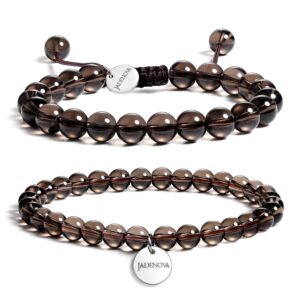 jadenova 6/8mm natural smoky quartz gemstone bracelets round beads stretch bracelet adjustable beaded bracelet couple distance bracelets unisex (2pcs bracelet set)