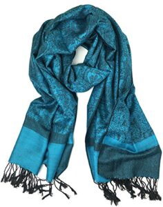 plum feathers tapestry ethnic paisley pattern pashmina scarf cyan blue