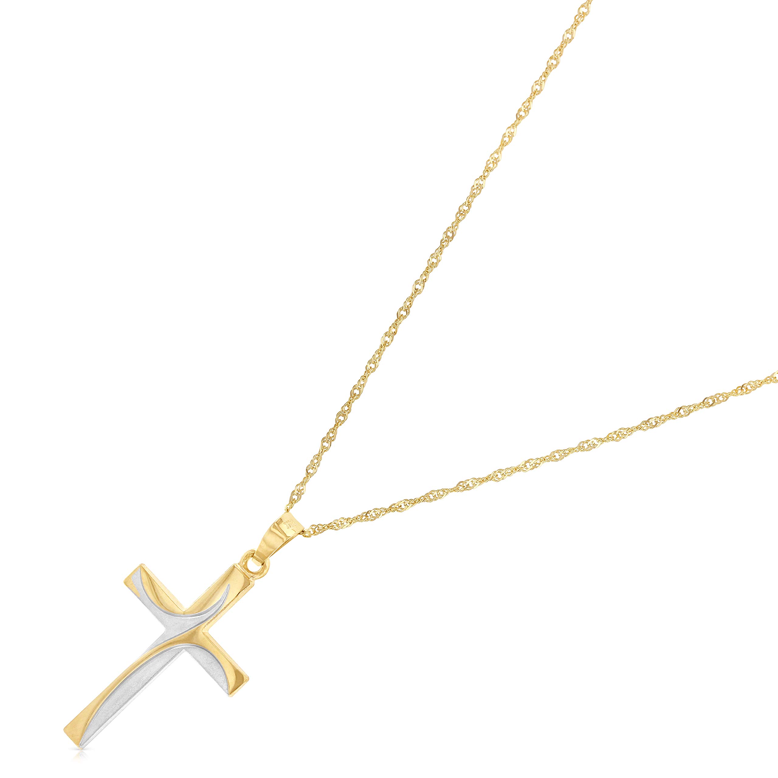 Ioka 14K Two Tone Gold Cross Charm Pendant with 1.2mm Singapore Chain Necklace - 24"