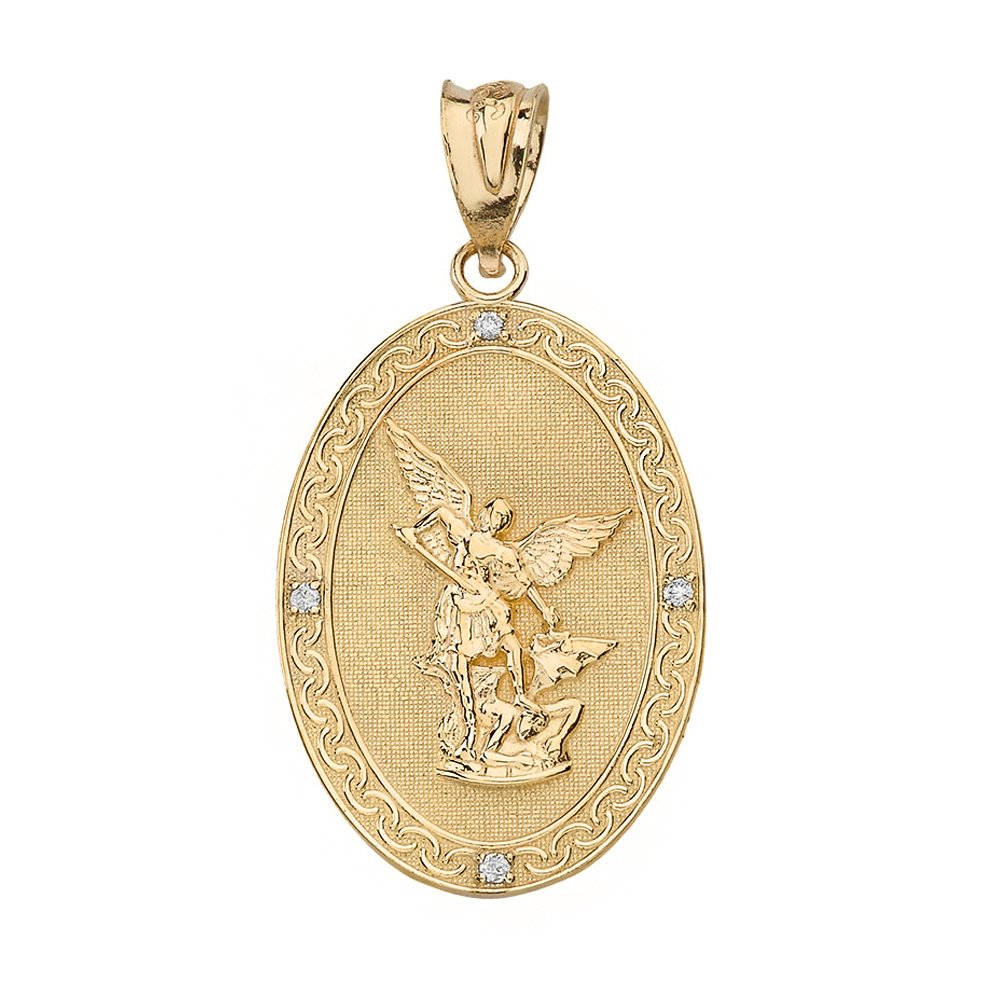 10K Yellow Gold Diamond Accented 1” Oval Saint Michael The Archangel Medal Pendant (G-H Color, SI1-SI2 Clarity)